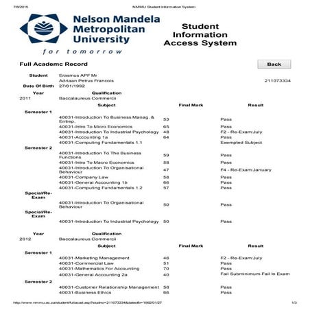 NMMU Student record | PDF