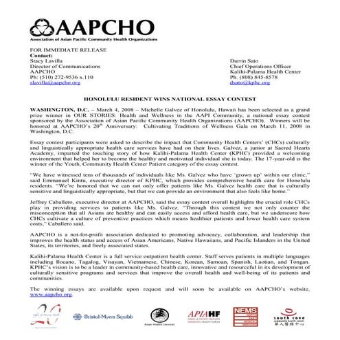 KPHC Essay Contest Press Release 2008 | PDF