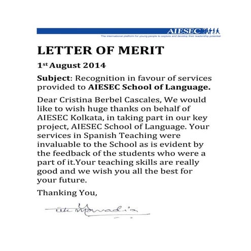 LETTER OF MERIT_Cristina | PDF