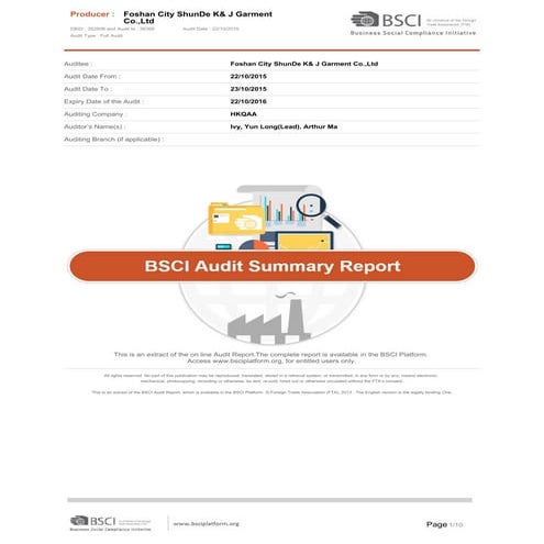 BSCI Audit Report 佛山市顺德区凯杰斯服装有限公司 | PDF