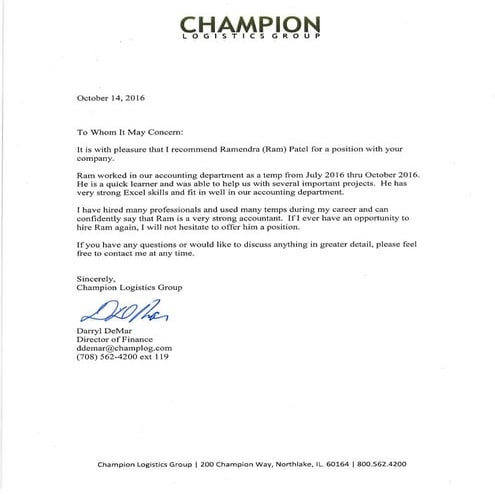 RECOMMENDATION LETTER FROM DARRYL DeMar FROM CHAMPION LOGISTICS | PDF ...