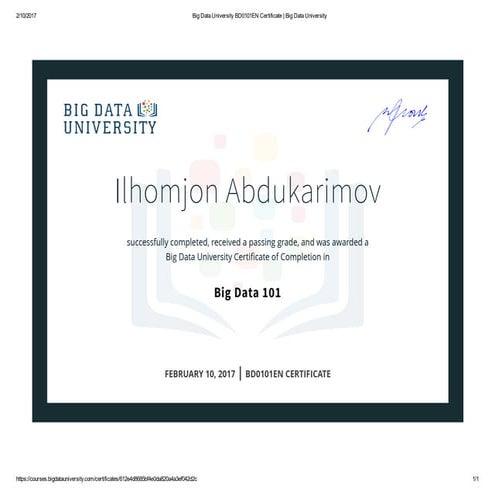 Big Data University BD0101EN Certificate _ Big Data University | PDF | Education industry ...
