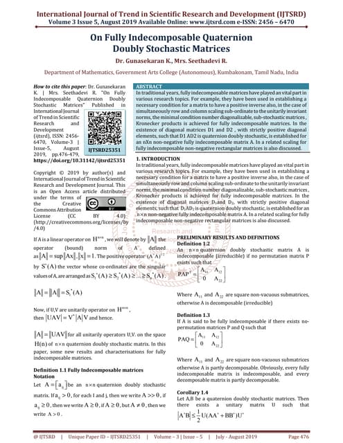 On Fully Indecomposable Quaternion Doubly Stochastic Matrices Pdf