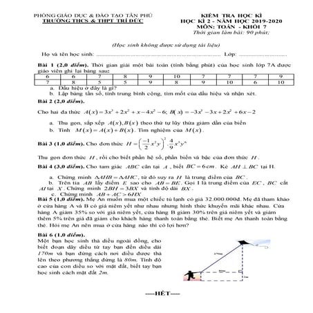 Đề Thi HK2 Toán 7 - THCS - THPT Trí Đức | DOCX