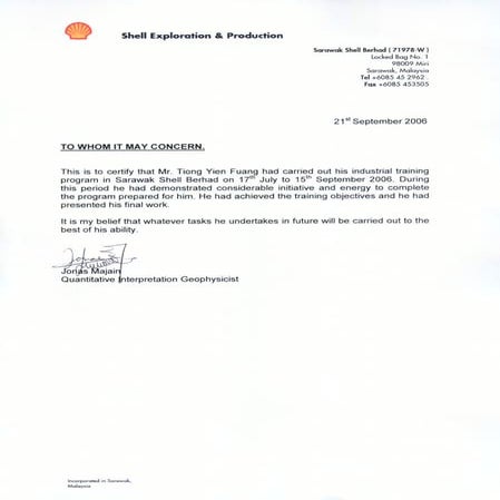 Shell Internship Reference - Yien Tiong | PDF