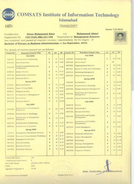 Bachelor transcript | PDF