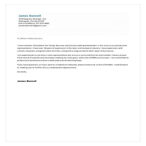 Cover Letter James Bonnell 4.29 | Sales | Business