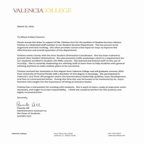 Letter of Rec - Pam Hill - Student Services Advisor | PDF