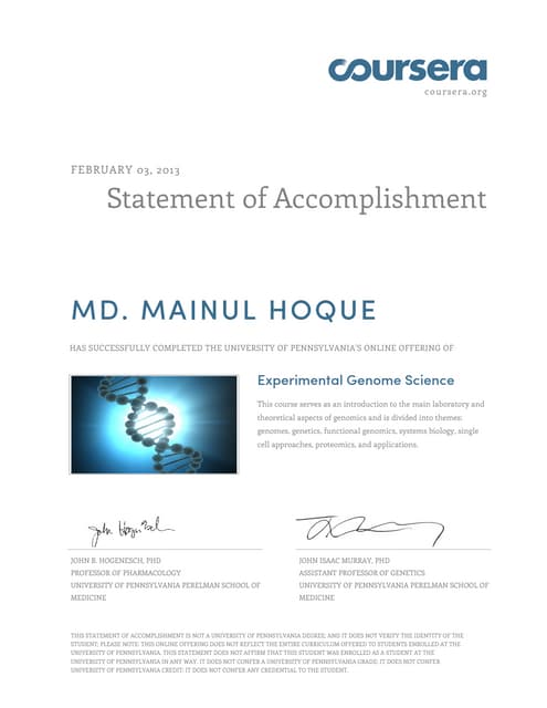 Coursera Certificate: Genes and The Human Condition | PDF