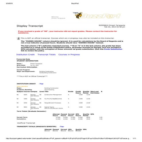 Tarigopula Graduate Transcript 2-3-15 | PDF