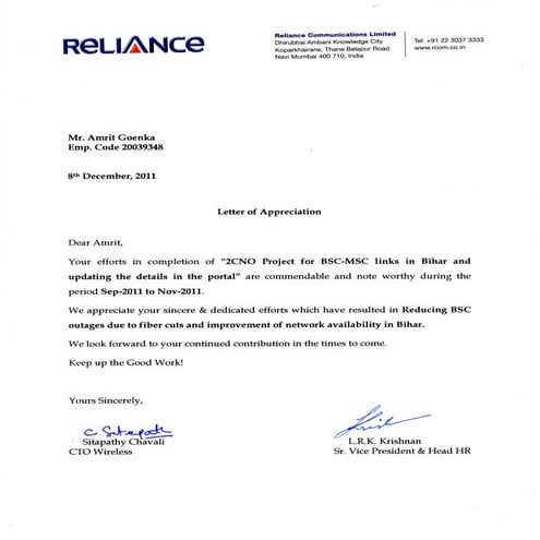 Reliance Appreciation letter | PDF