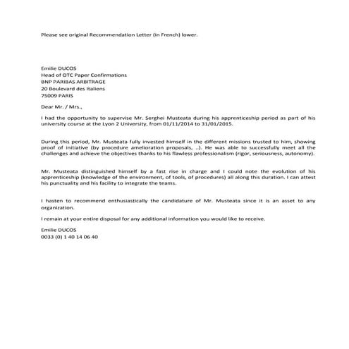 Recommendation Letter BNP ARBITRAGE | PDF