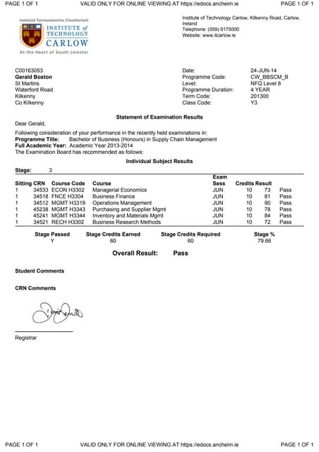Statement of Examination Results - Year 1 | PDF