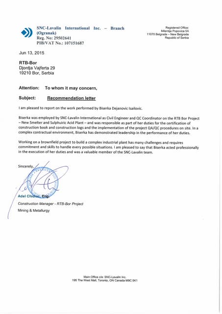 Letter of Reference_STRABAG for Biserka Dejanovic Isailovic | PDF