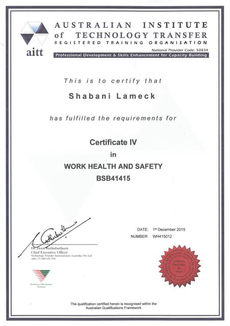 Cert IV WHS transcript - Shabani | PDF