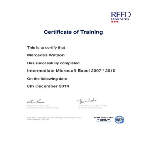Intermediate excel training certificate | PDF