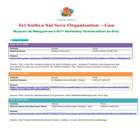 Bhagawan Sri Sathya Sai Baba's 87th birthday report All Goa | PDF