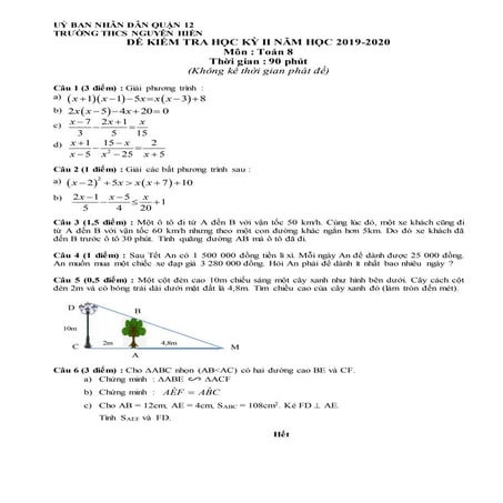 Đề Thi HK2 Toán 8 - THCS Nguyễn Hiền | PDF
