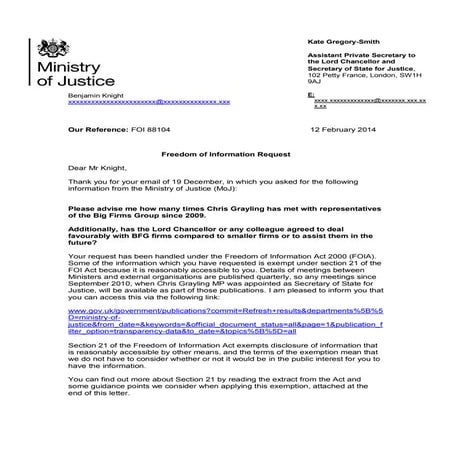 FOI reply from MoJ regarding meetings between Grayling and BFG ...
