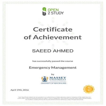 Certificate - Emergency Management by Massey Uni | PDF