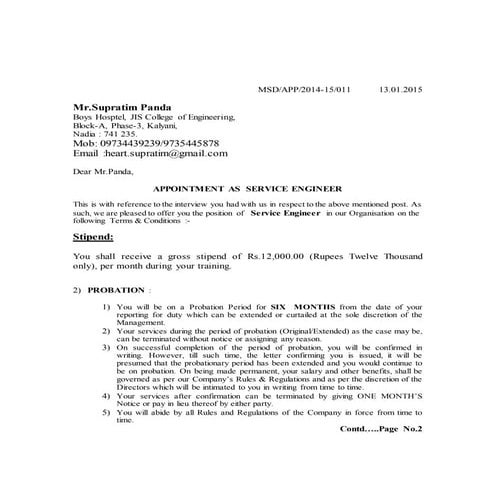 Format of appointment order | DOC