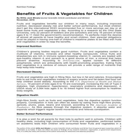 Benefits of Vegetables & Fruits for Children | PDF