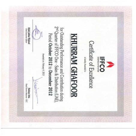 IFFCO Certificate of appreciation Oct-Dec 2012 | PDF