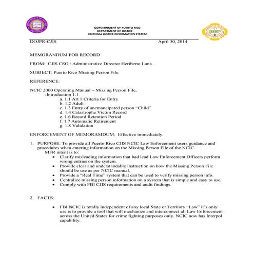 MFR NCIC Missing Person File | PDF