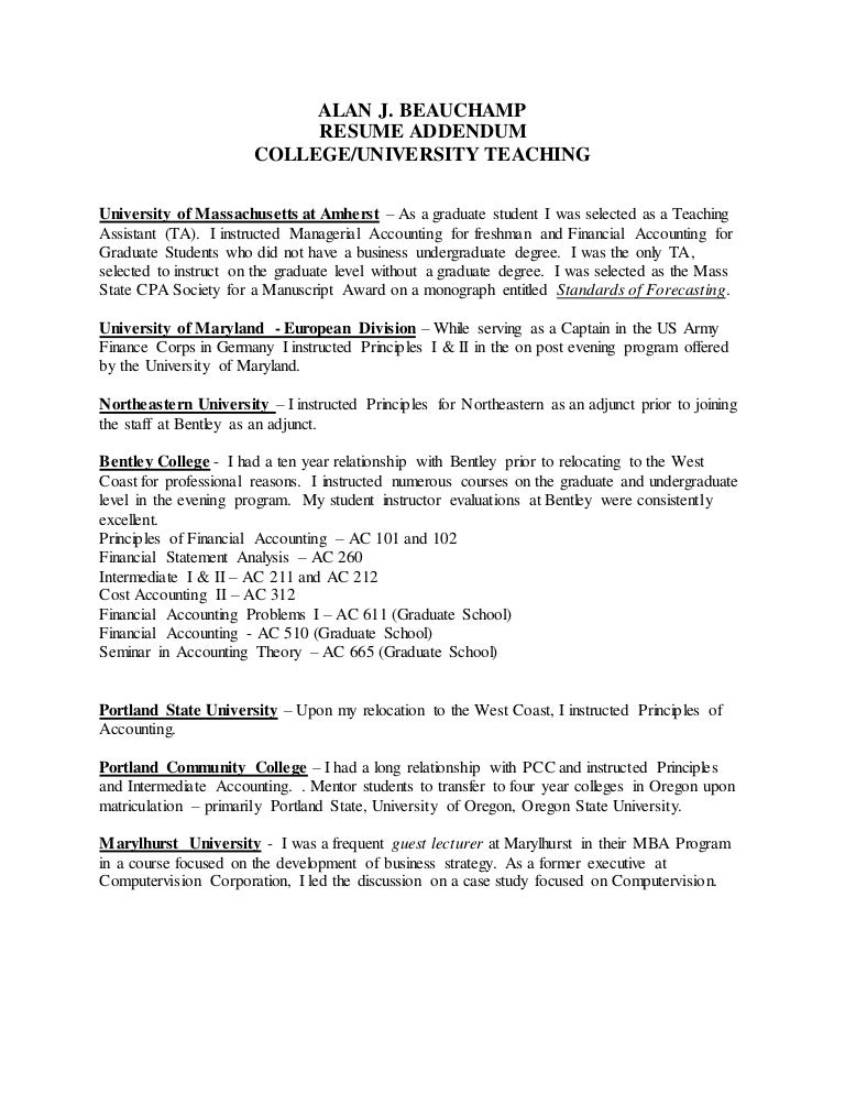 Resume Addendum - Teaching Recap