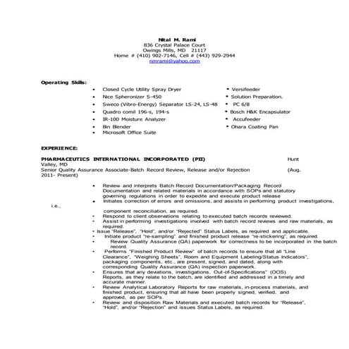 Nital Resume - QA Batch record review 2014 | DOCX