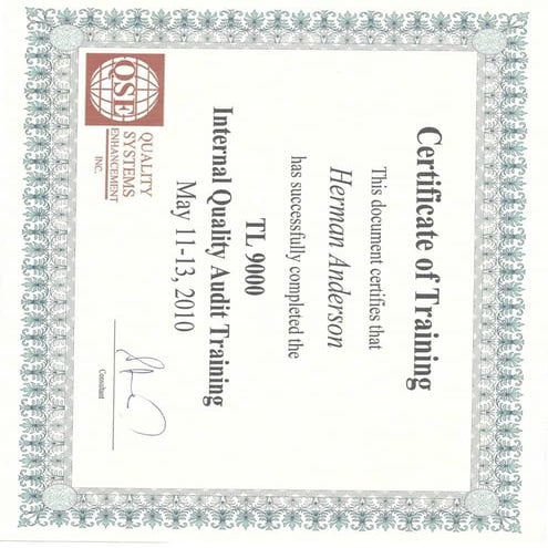 9 Safety, OSHA, and ISO TL9000 Certifications Herman L Anderson | PDF