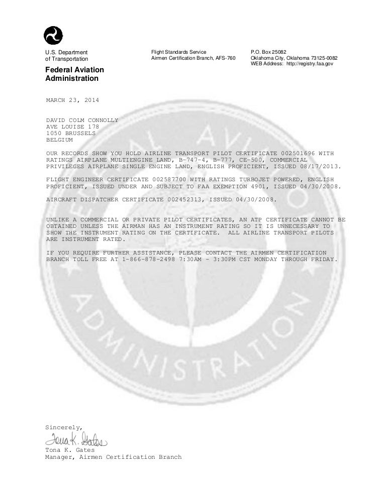 CAAC-FCF, FAA Certification Verification Letter of March 23 2014 for