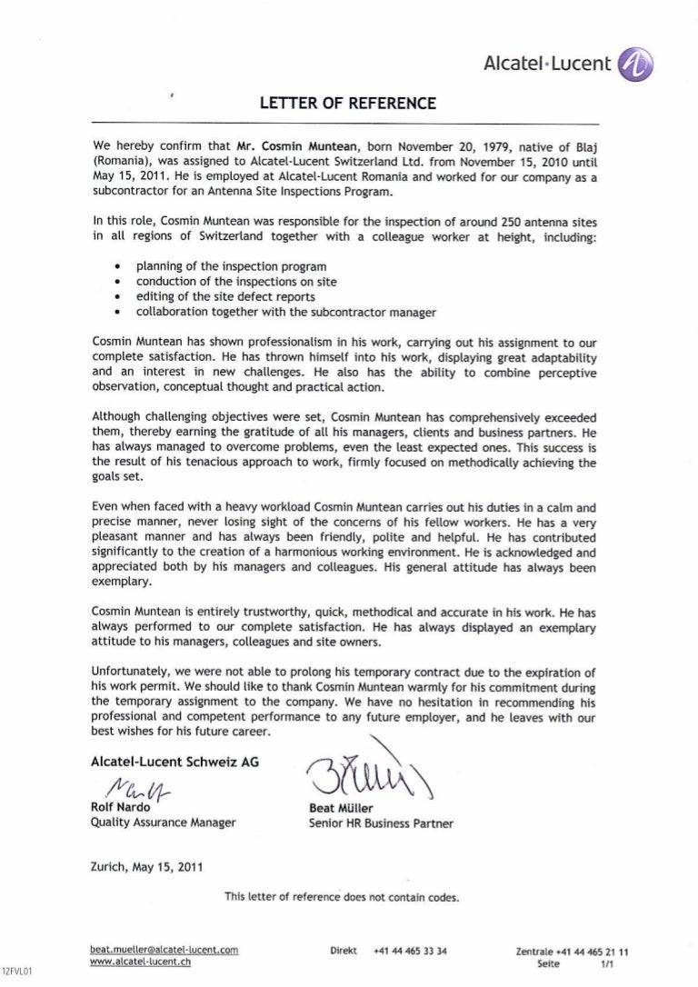 Letter of reference - ALU Switzerland