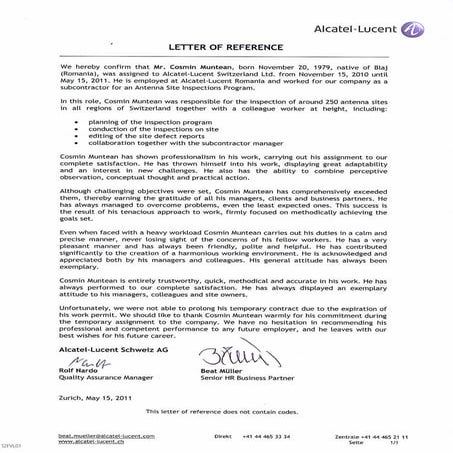 Letter of reference - ALU Switzerland | PDF