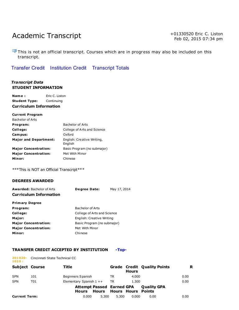 Unofficial Academic Transcript
