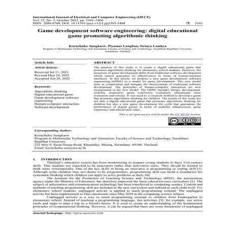 Game development software engineering: digital educational game promoting algorithmic thinking | PDF