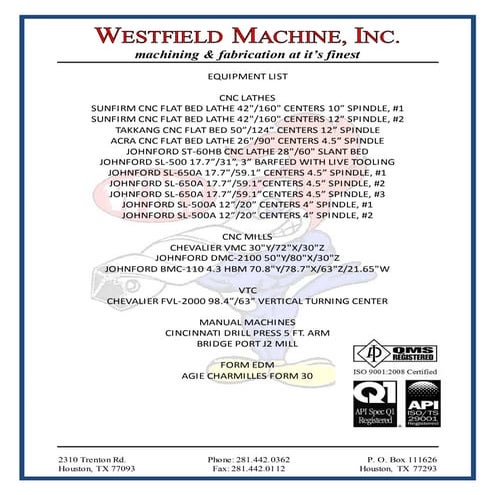 WESTFIELD MACHINE MACHINE LIST with logo | DOCX