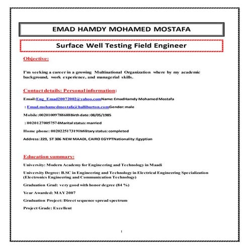 Surface well test field engineer C.V | DOCX