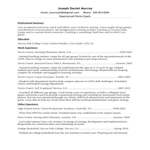 Tennis Professional Resume