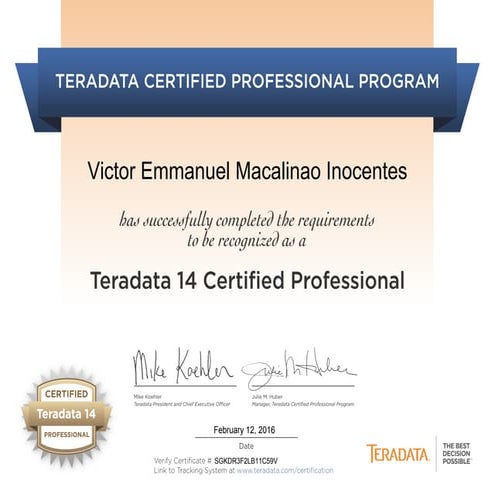 Teradata 14 Certified Professional certificate | PDF