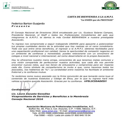 CARTA BIENVENIDA 2016 Federico Barton Guajardo | PDF