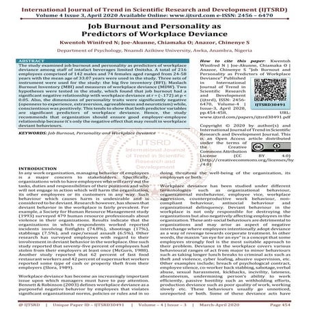 Job Burnout and Personality as Predictors of Workplace Deviance | PDF