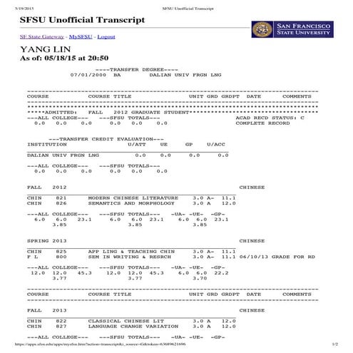 SFSU Unofficial Transcript | PDF