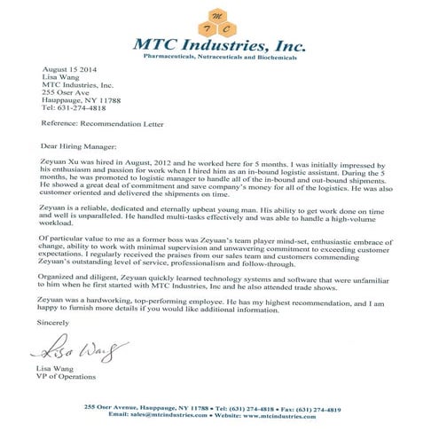 Recommendation Letter From MTC | PDF