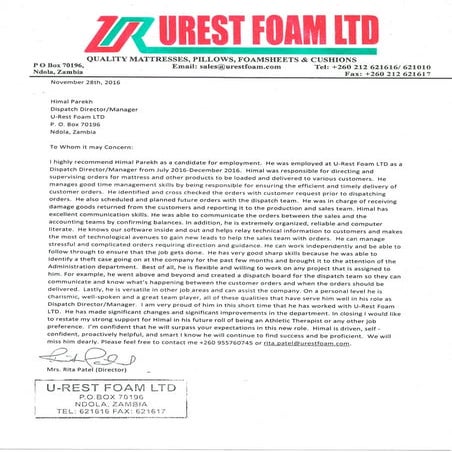 Reference Letter - U-Rest Foam Ltd | PDF