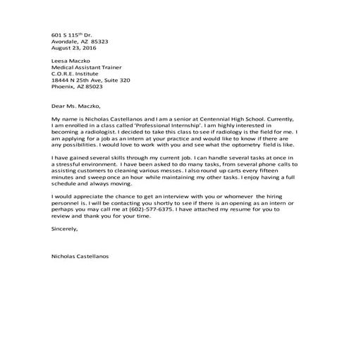 nico's cover letter | DOCX | Medical Tests | Medical Health