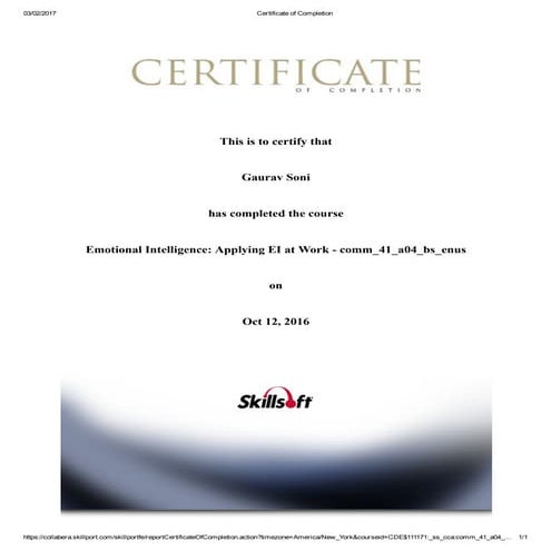 Certificate of Completion Emotional Intelligence Applying EI at Work | PDF