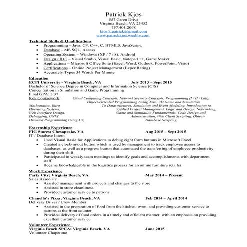 Patrick_Kjos_Resume | DOC | Programming Languages | Computing