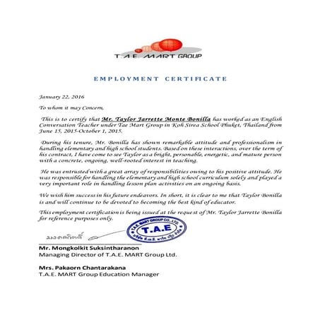 taylor certificate of employment2016 | DOCX