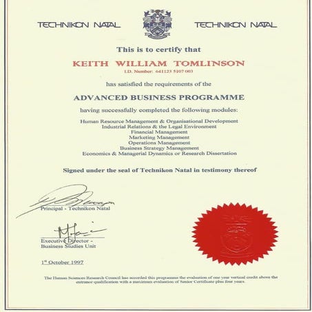Natal Technikon Adanced Business Programme | PDF